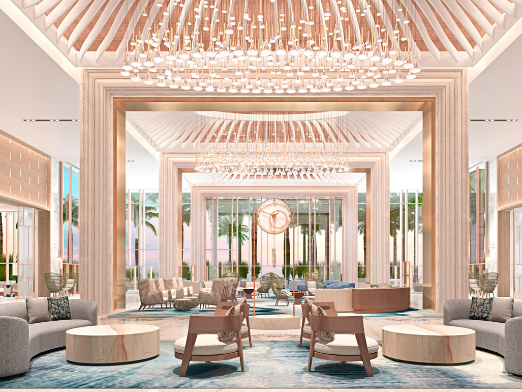 The opulent lobby at a new Hilton Hotel