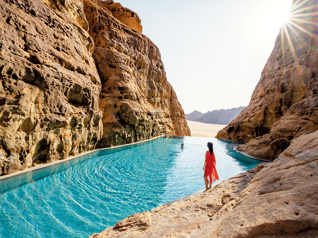 Pool with a canyon view at Banyan Tree Resort AlUla